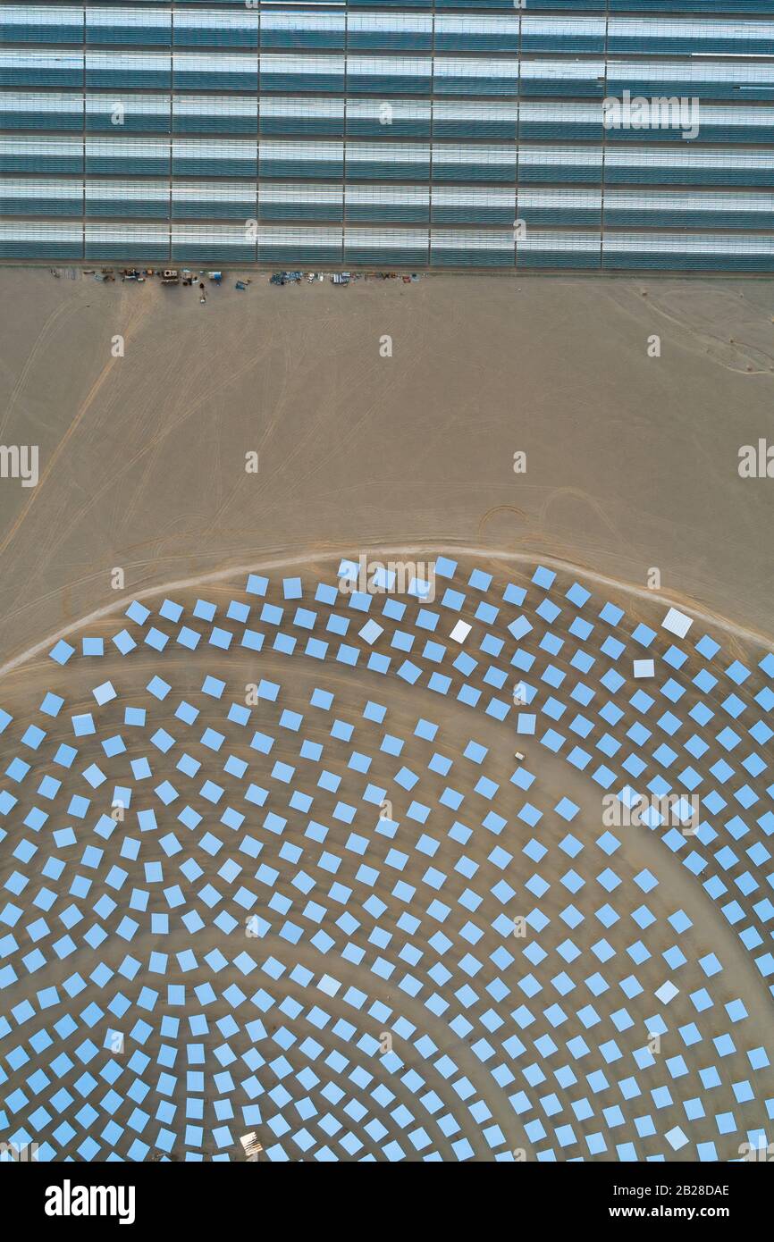 Aerial view of solar thermal plant uses mirrors that focus the sun's ...