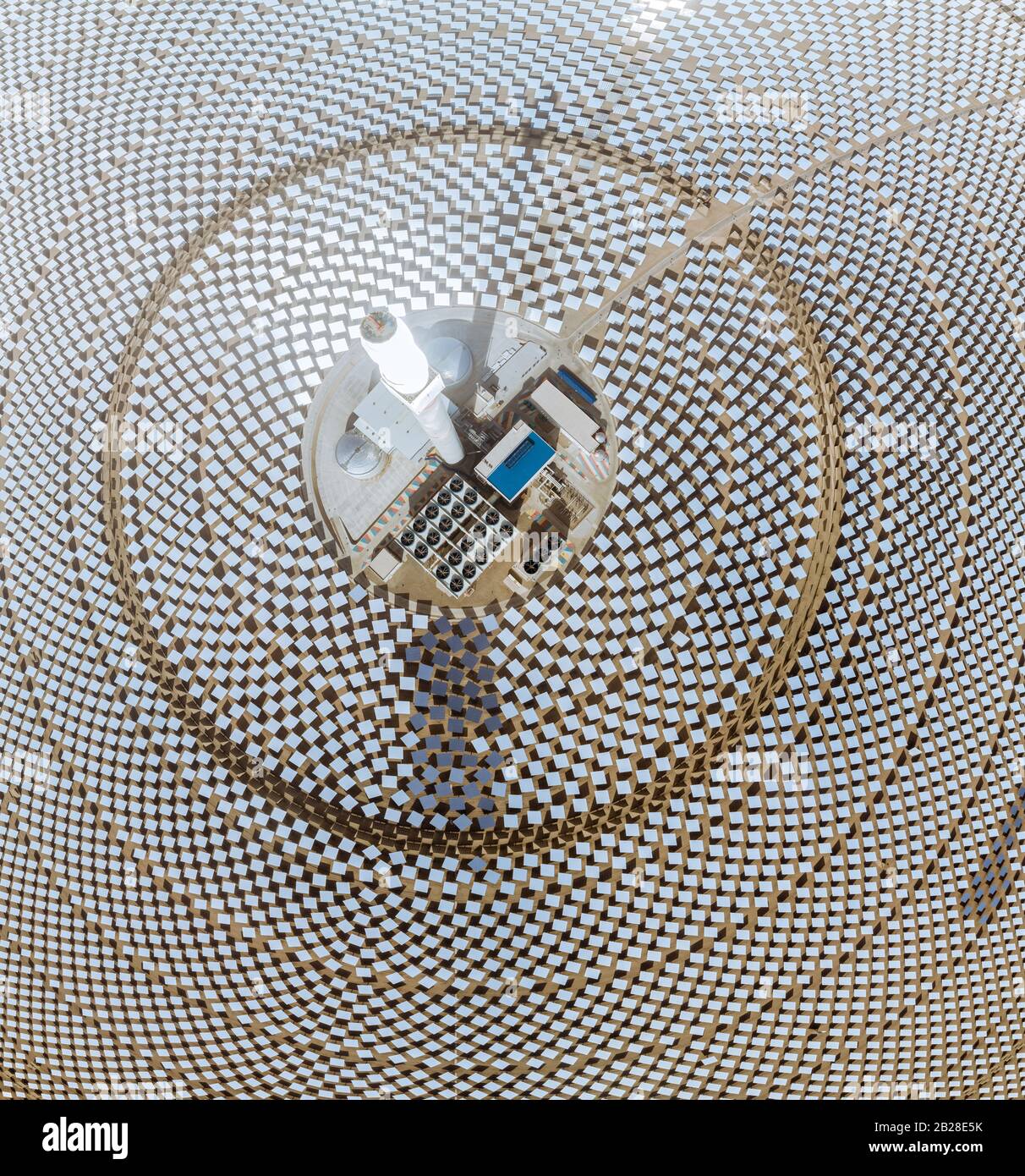 Aerial view of solar thermal plant uses mirrors that focus the sun's ...