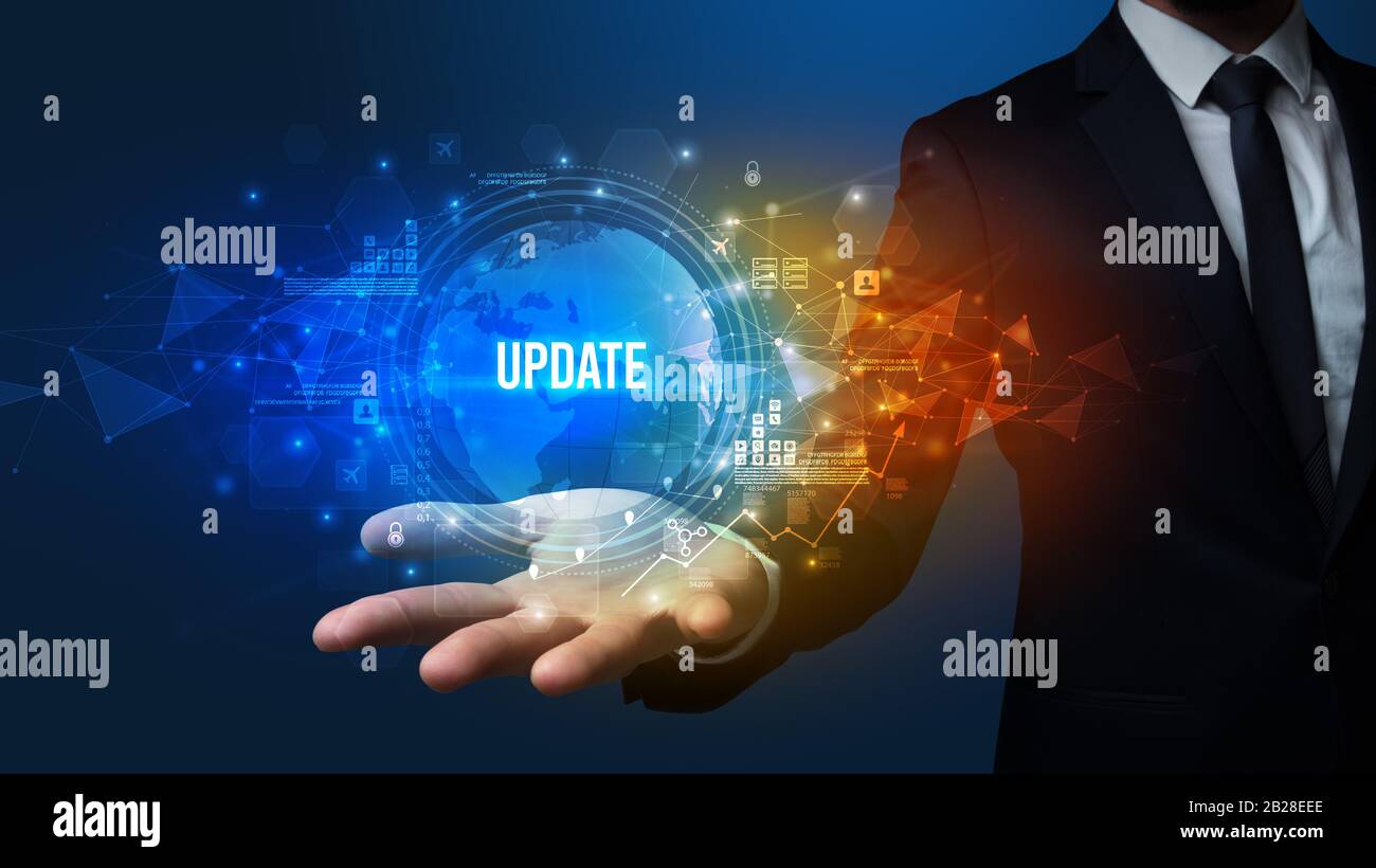 Elegant hand holding UPDATE inscription, digital technology concept ...