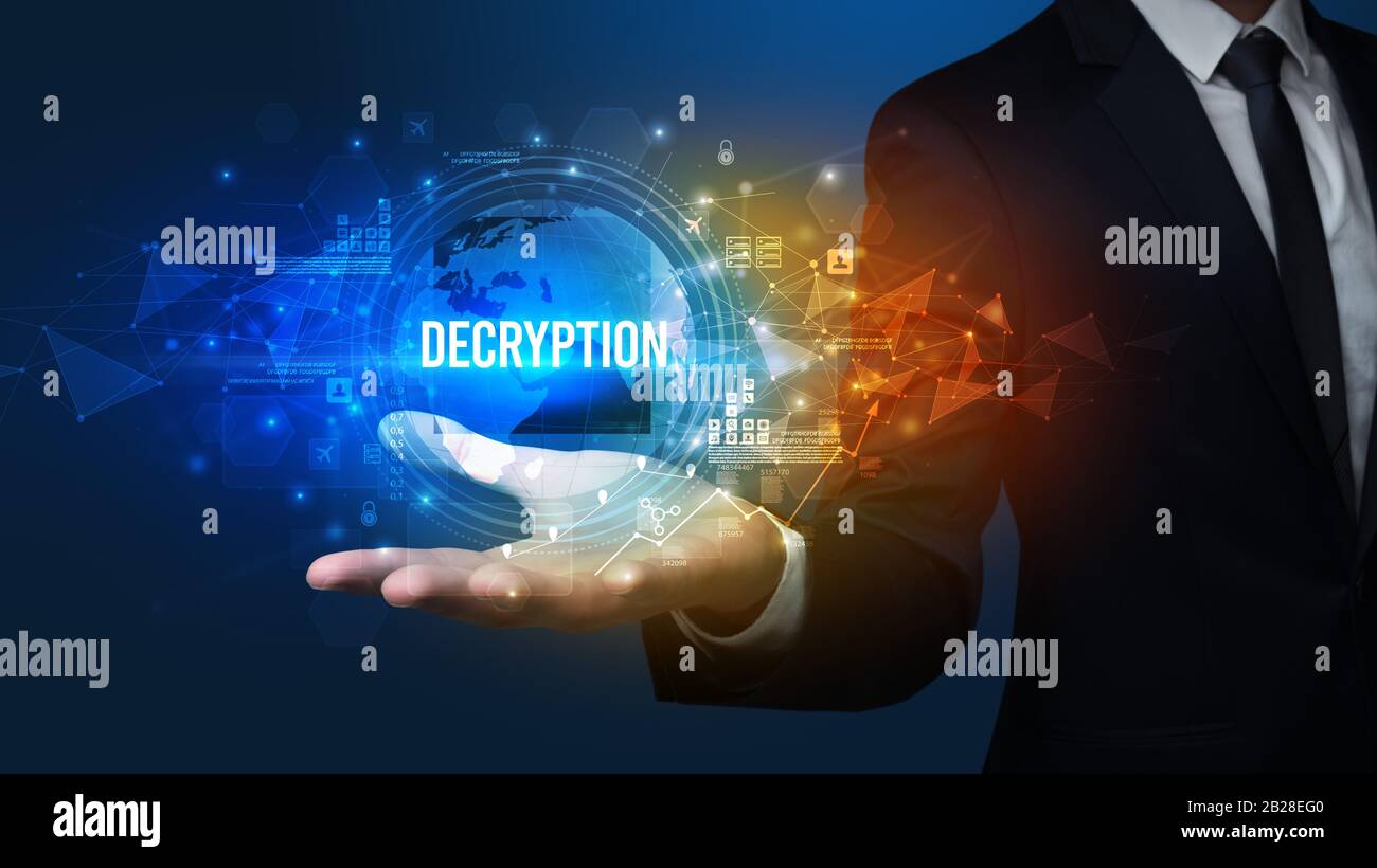 Elegant hand holding DECRYPTION inscription, digital technology concept ...