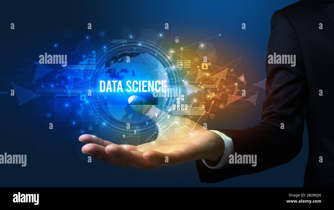 Elegant hand holding DATA SCIENCE inscription, digital technology ...