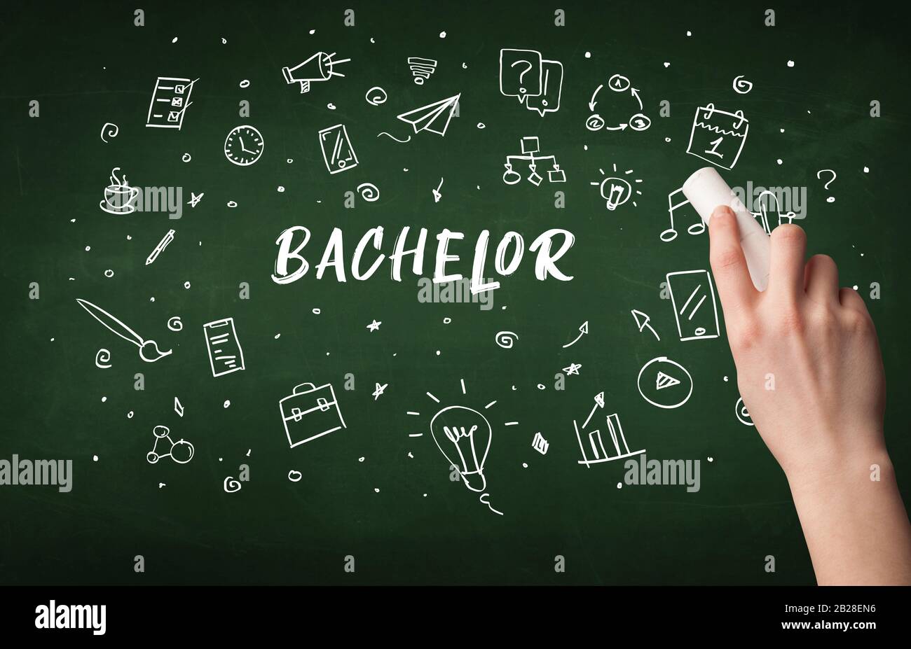 Hand drawing BACHELOR inscription with white chalk on blackboard ...