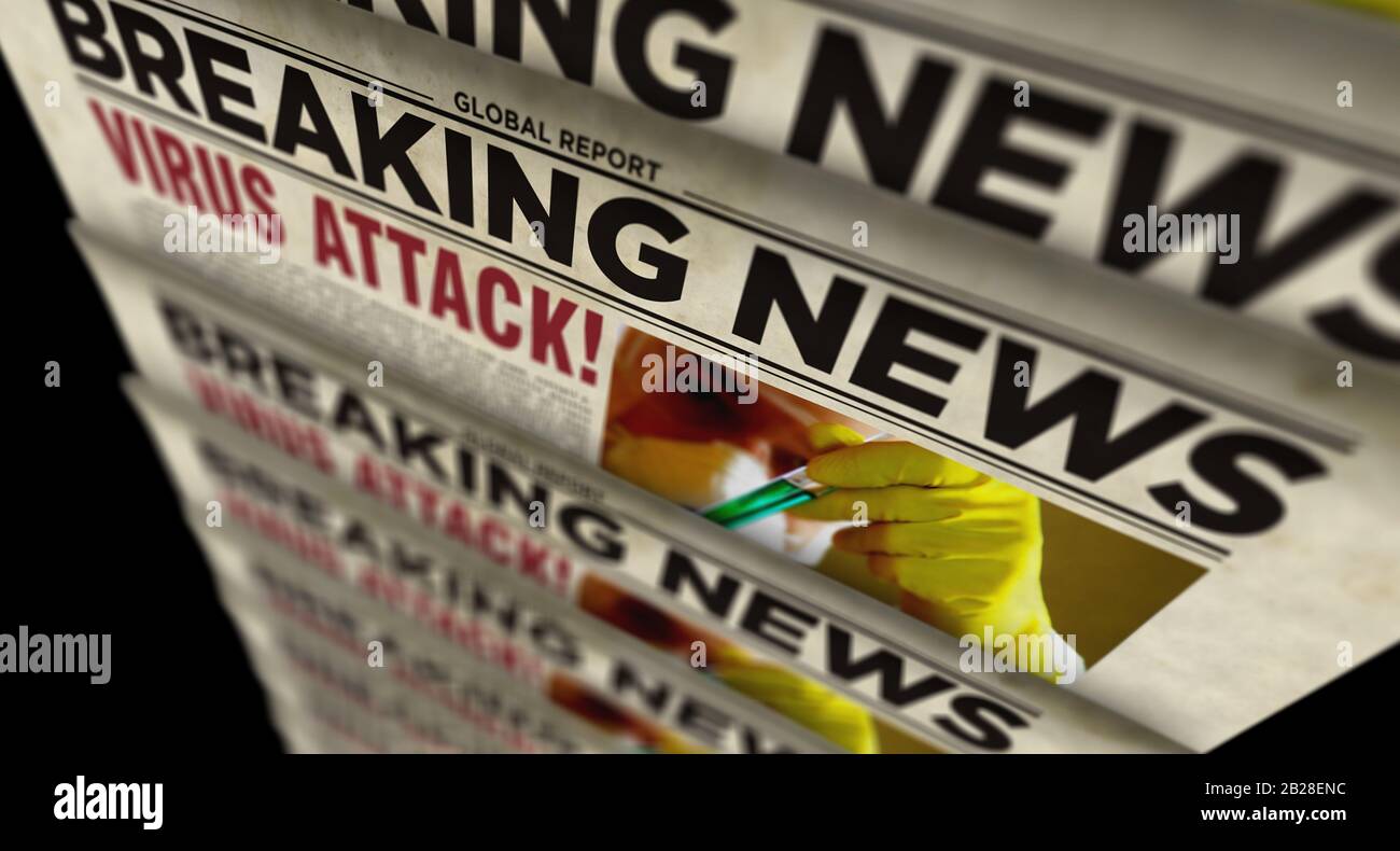Virus attack breaking news – newspaper printing 3d illustration. Danger ...