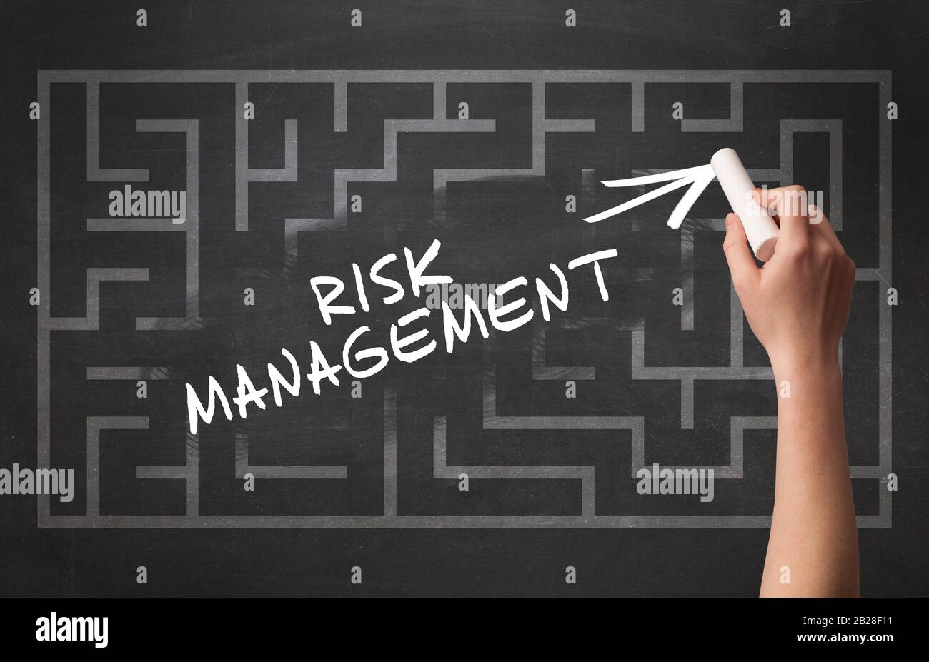 Hand drawing RISK MANAGEMENT inscription with white chalk on blackboard ...