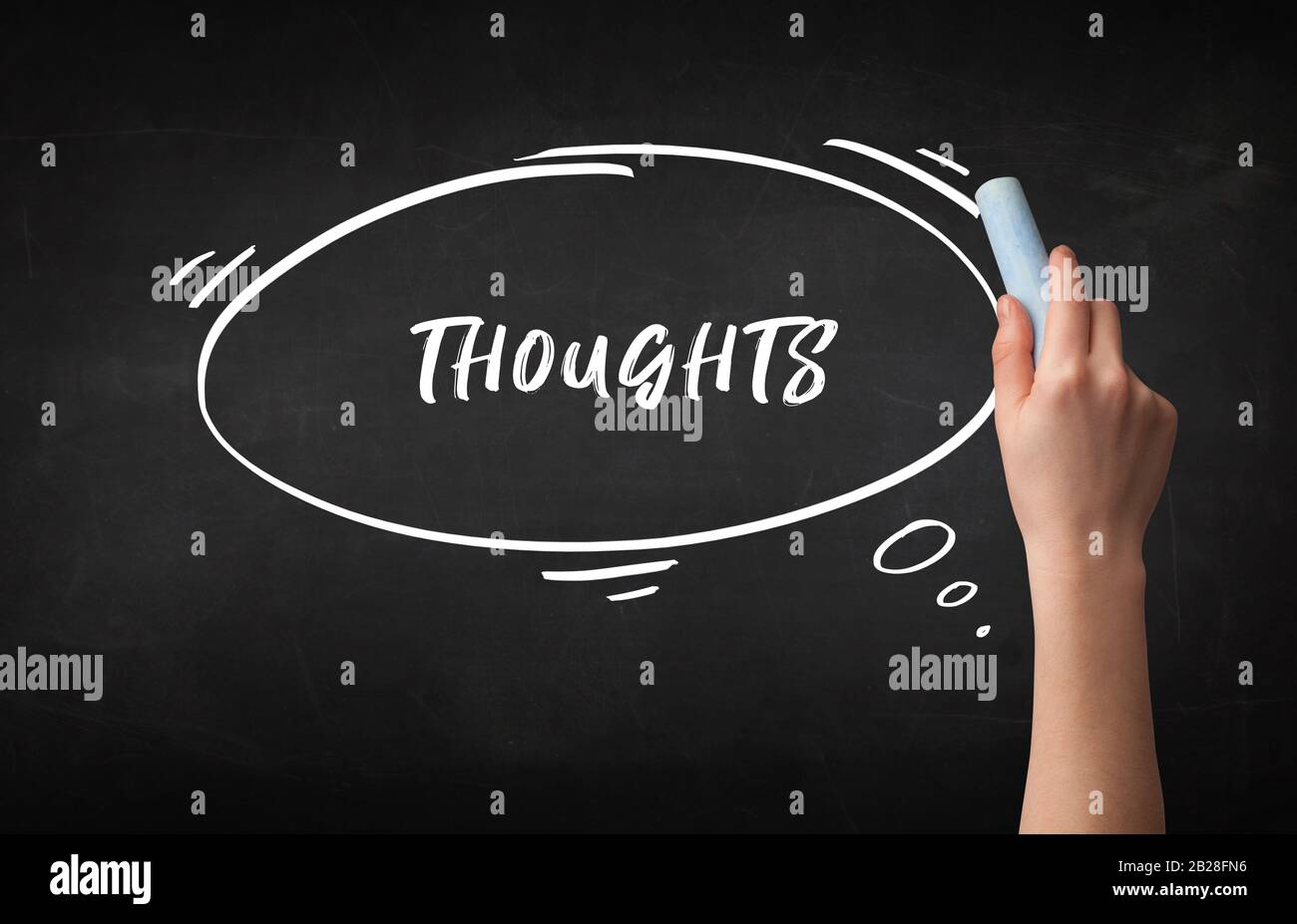 Hand drawing THOUGHTS inscription with white chalk on blackboard ...