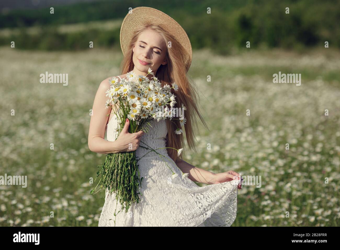 Beautiful Woman Enjoying Daisy Field Nice Female Lying Down In Meadow