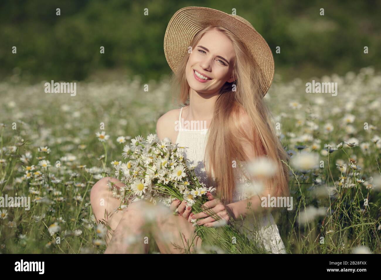 Beautiful Woman Enjoying Daisy Field Nice Female Lying Down In Meadow