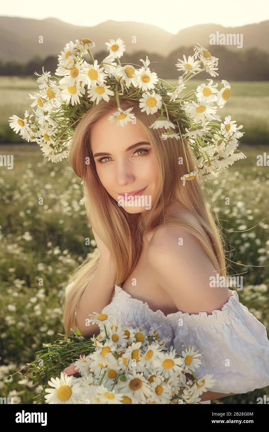 Beautiful Woman Enjoying Daisy Field Nice Female Lying Down In Meadow