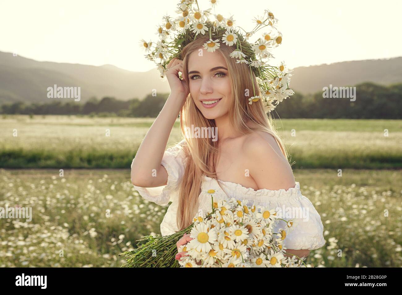 Beautiful Woman Enjoying Daisy Field Nice Female Lying Down In Meadow