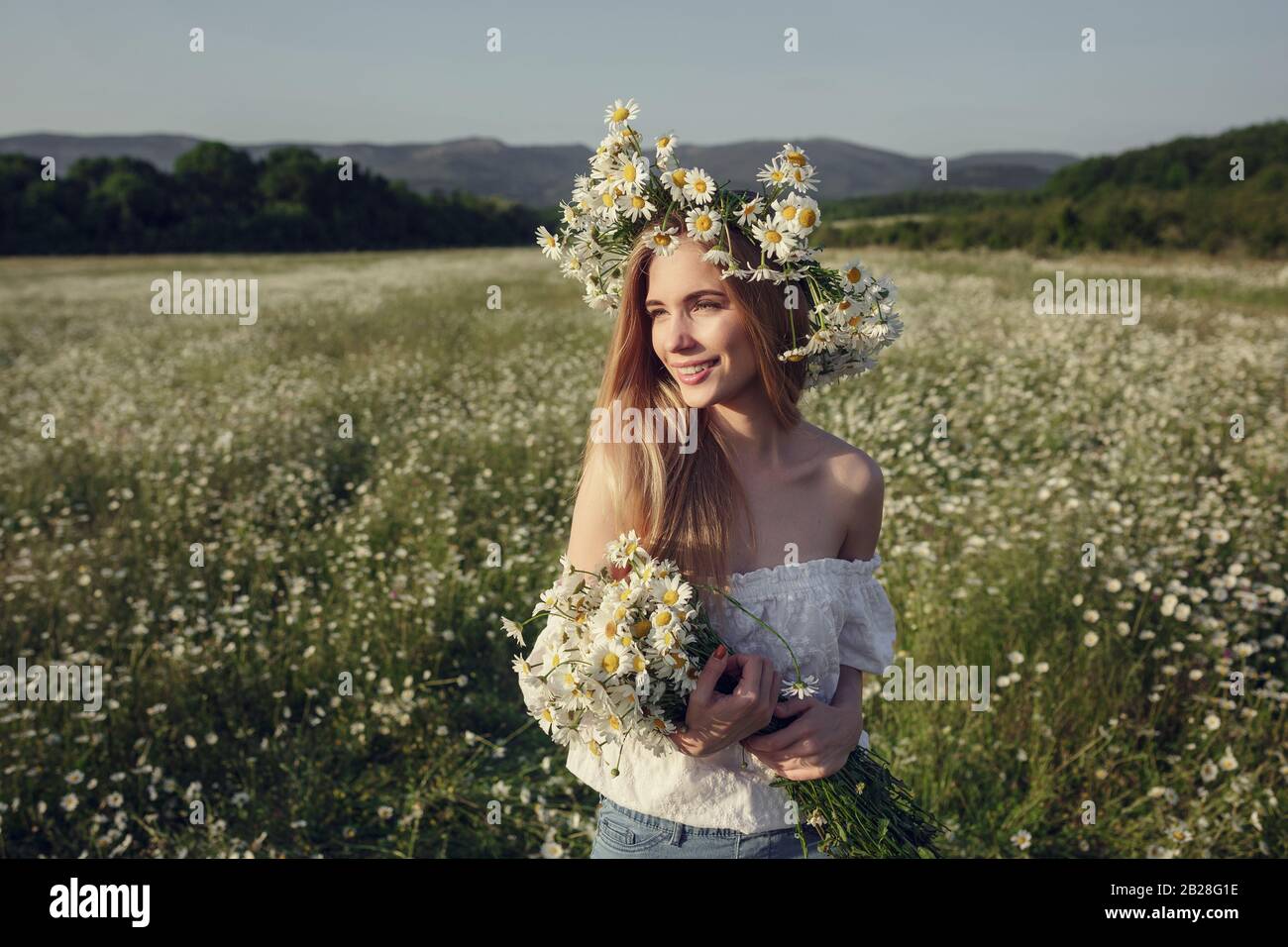 Beautiful Woman Enjoying Daisy Field Nice Female Lying Down In Meadow
