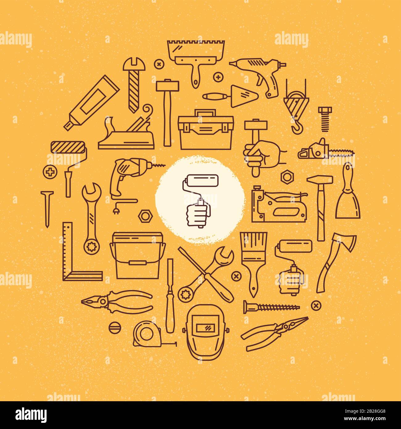 A circular pattern from a set of vector icons of various tools for ...