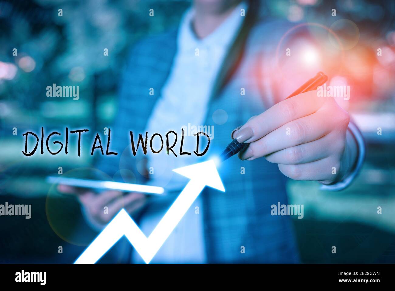 Writing note showing Digital World. Business concept for Inter ...