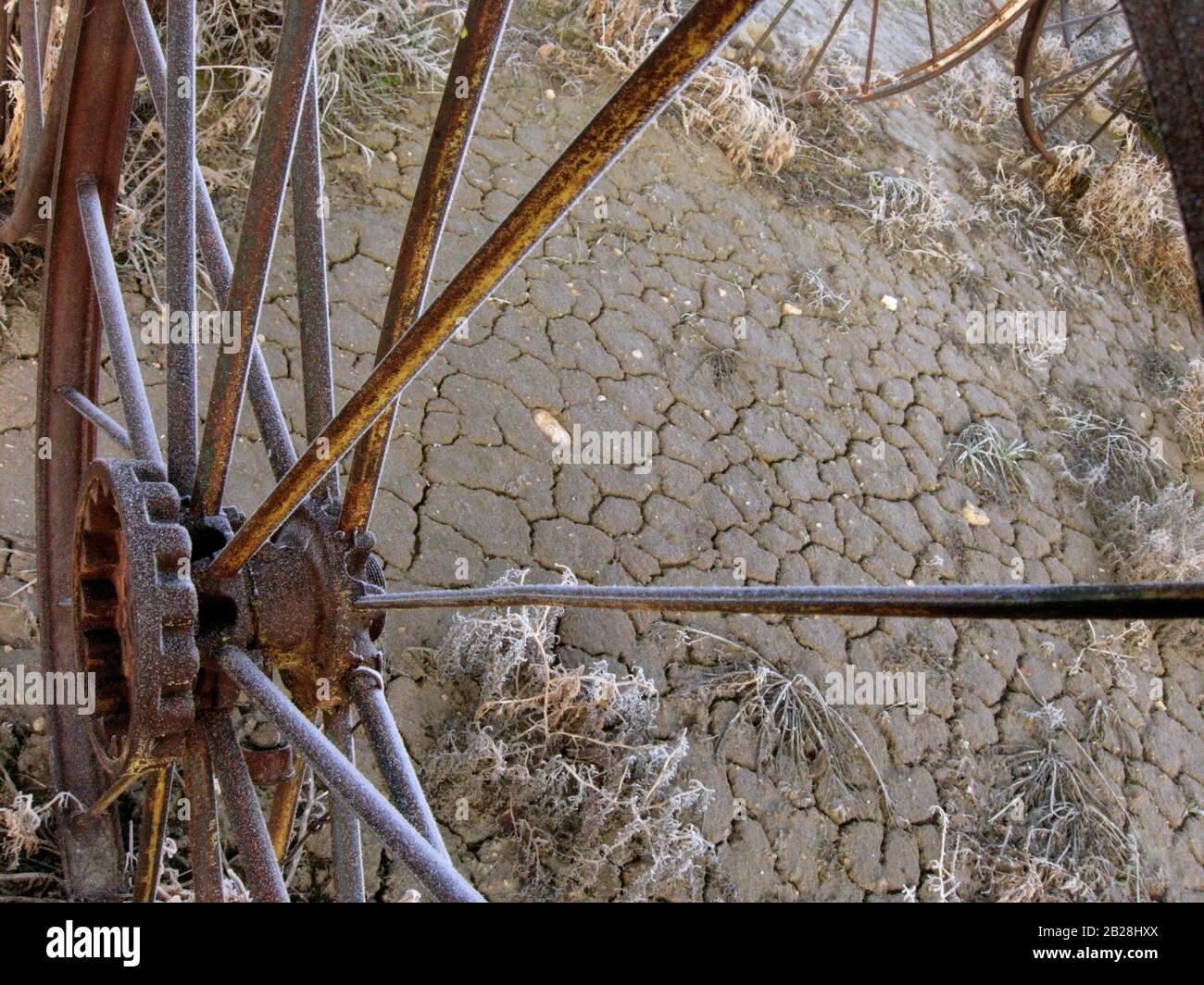 Frosted Metal and rusty spokes of a large metal wagon wheel sitting on ...
