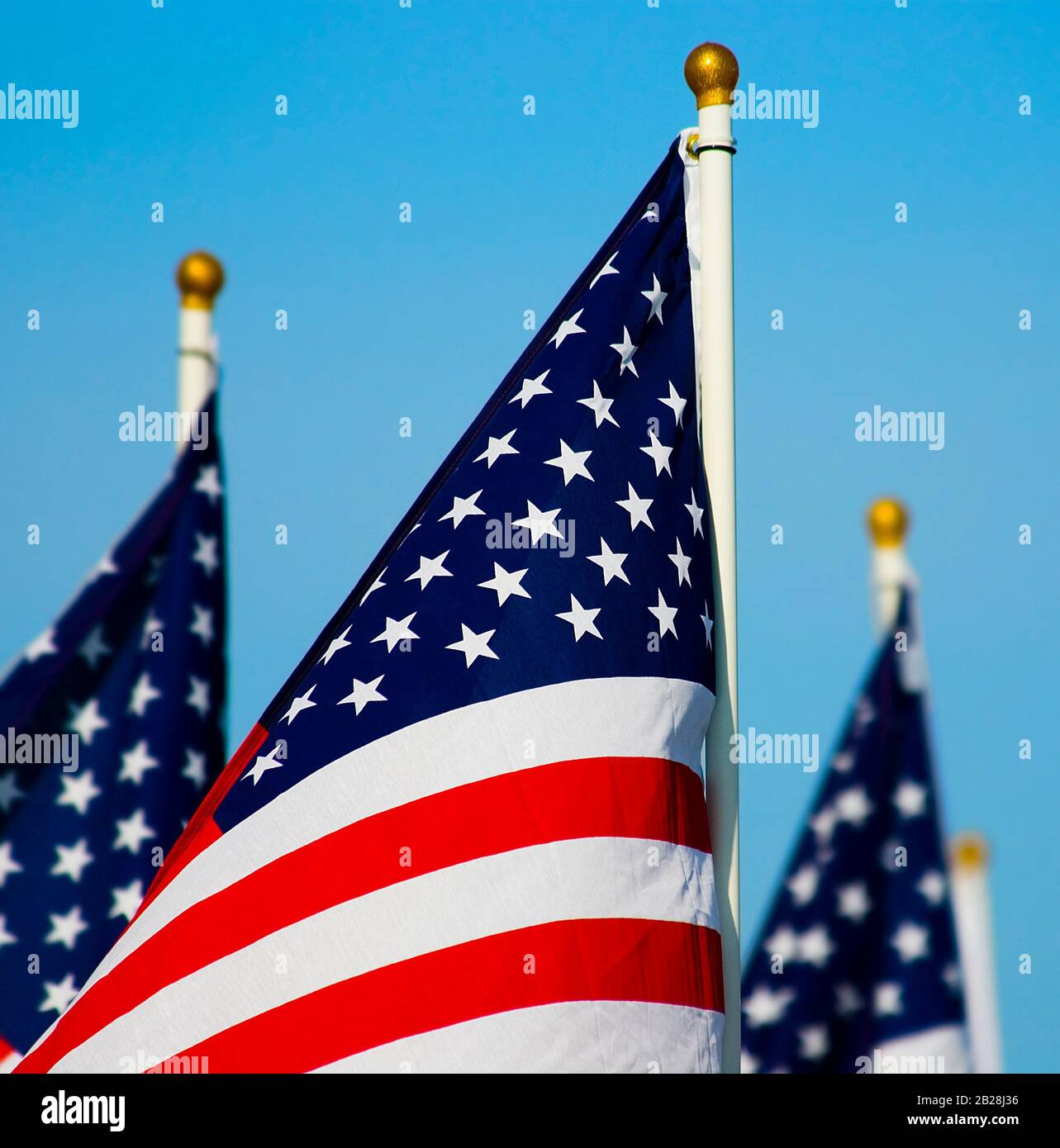 Three American Flags on Display with white posts topped by a gold ...