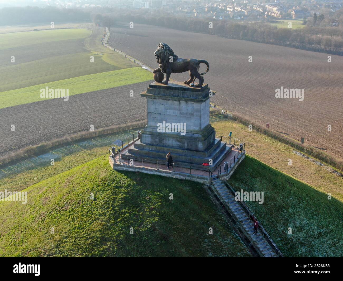 Aerial view of The Lion's Mound with farm land around. The immense ...