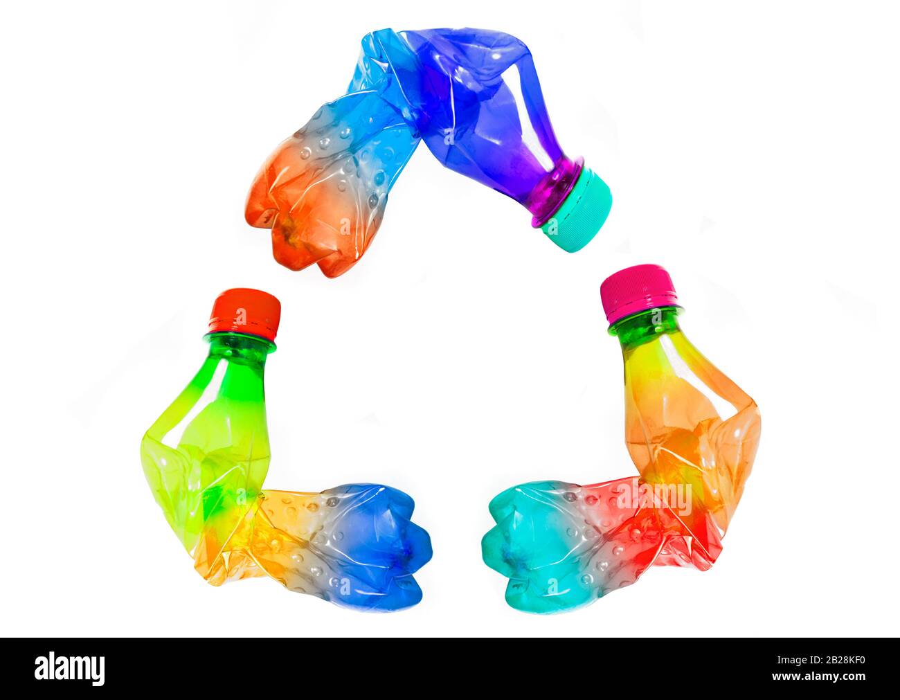 rainbow plastic bottles in colors as recycle symbol or sign. eco ...