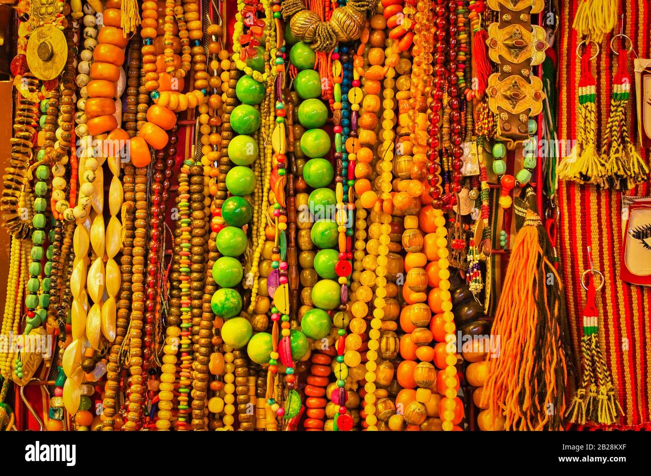 Traditional, colorful, necklaces on sale in shop. From Muscat, Oman ...