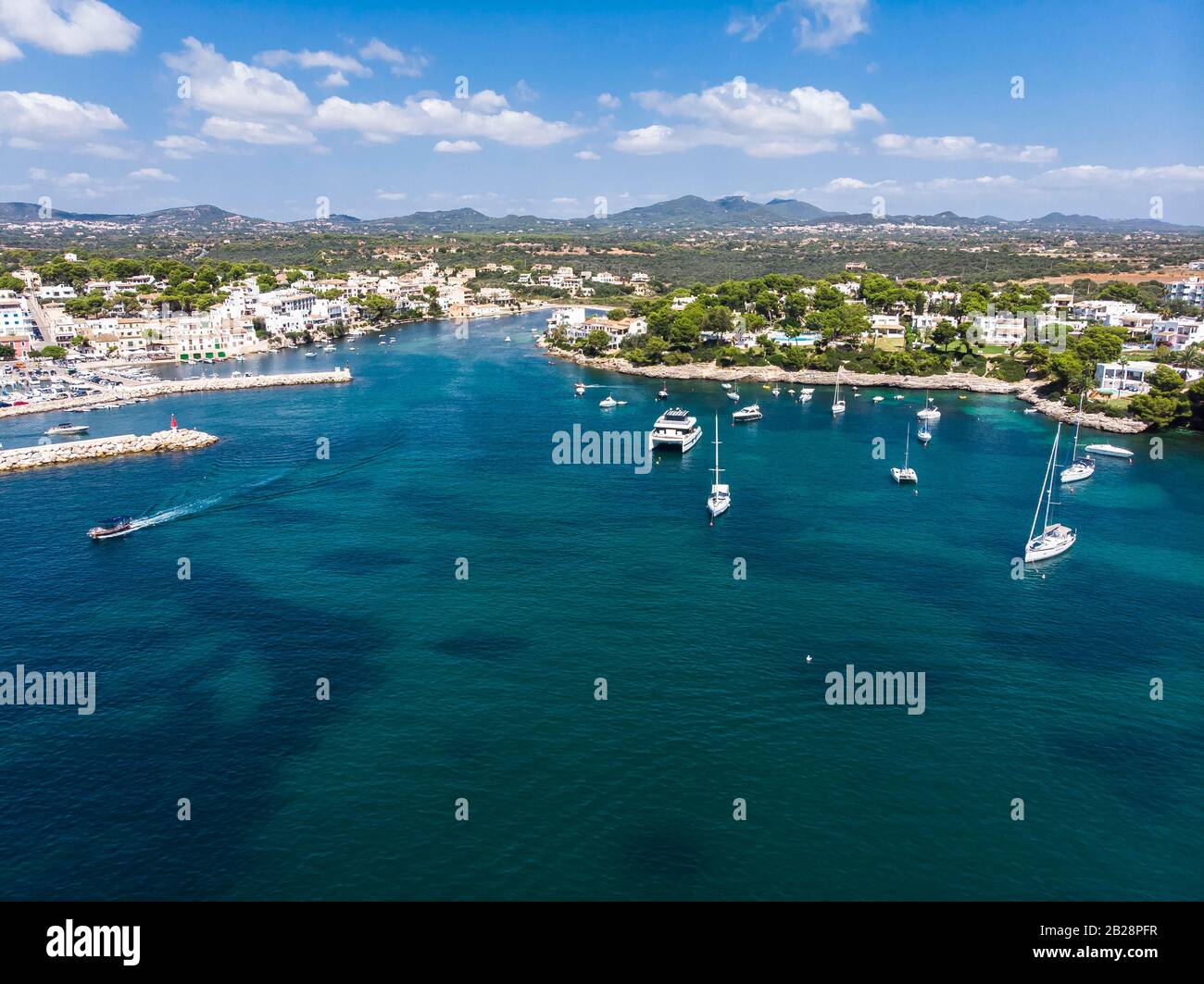 Aerial view, Cala Ferrera bay with houses and villas, coast of Cala D ...