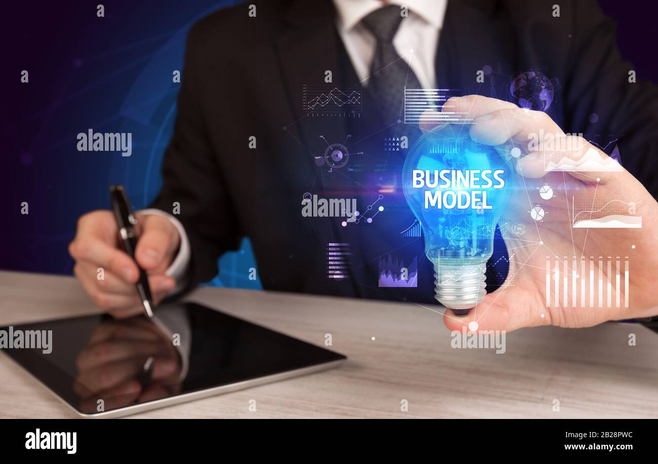 Businessman holding lightbulb with BUSINESS MODEL inscription, Business idea concept Stock Photo ...