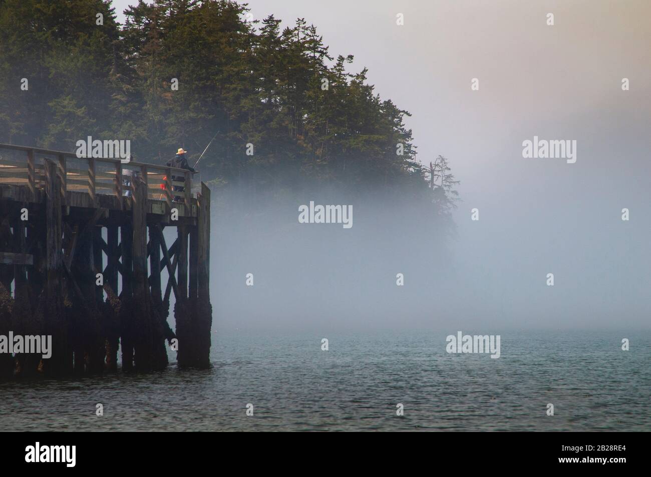 Man in a Hat Fishing off the peer and into the mist covered water below ...