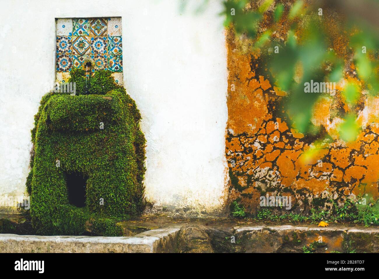 source of natural spring water with pipe. white textured background ...