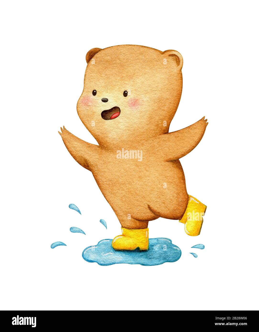 Happy little grizzly kid jumping in puddle. Sweet baby bear in yellow ...