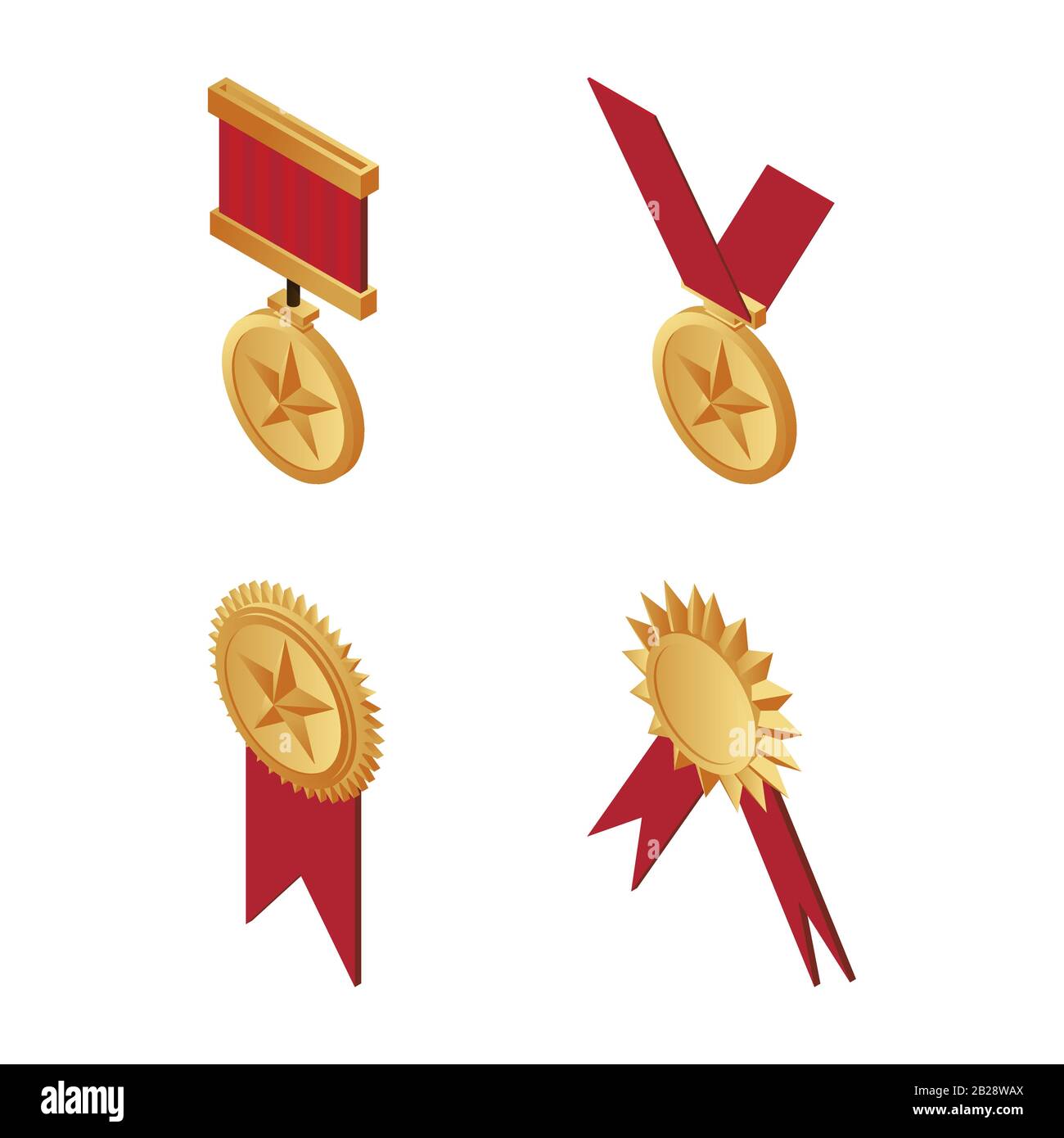 Gold trophy medals with red ribbons isometric illustration isolated on ...