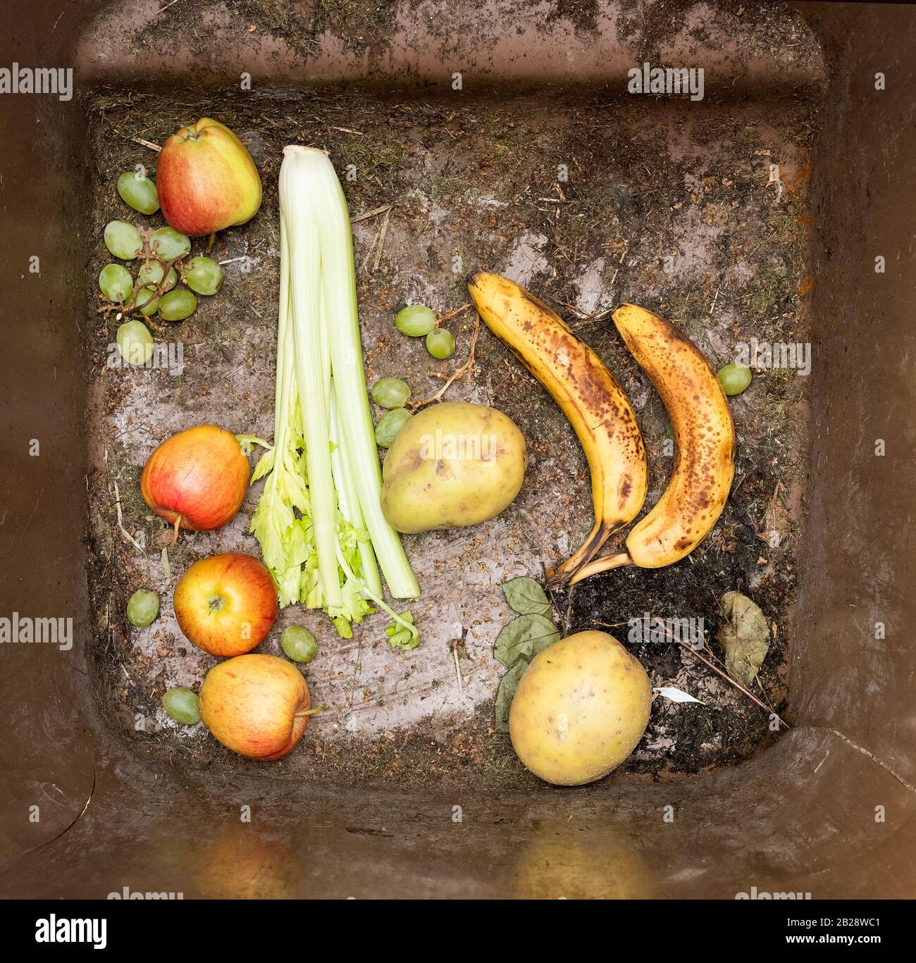 Surplus food and vegetables at the bottom of a dustbin Stock Photo - Alamy
