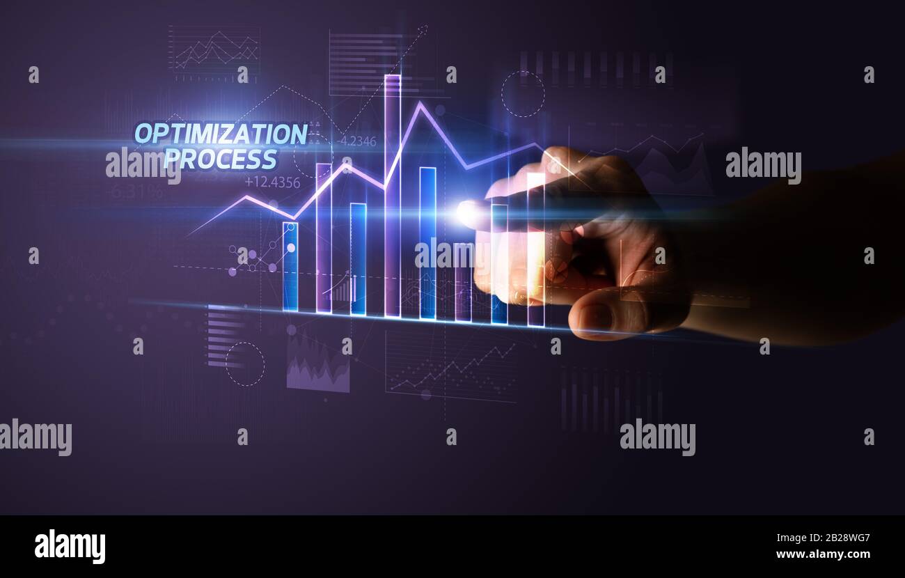Hand touching OPTIMIZATION PROCESS button, business concept Stock Photo ...
