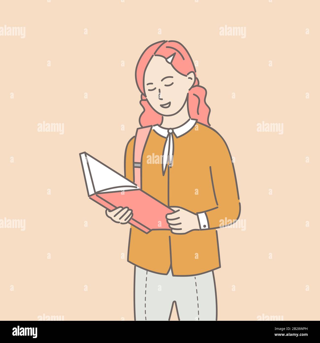 Girl in casual clothes reading pink paper book vector cartoon ...