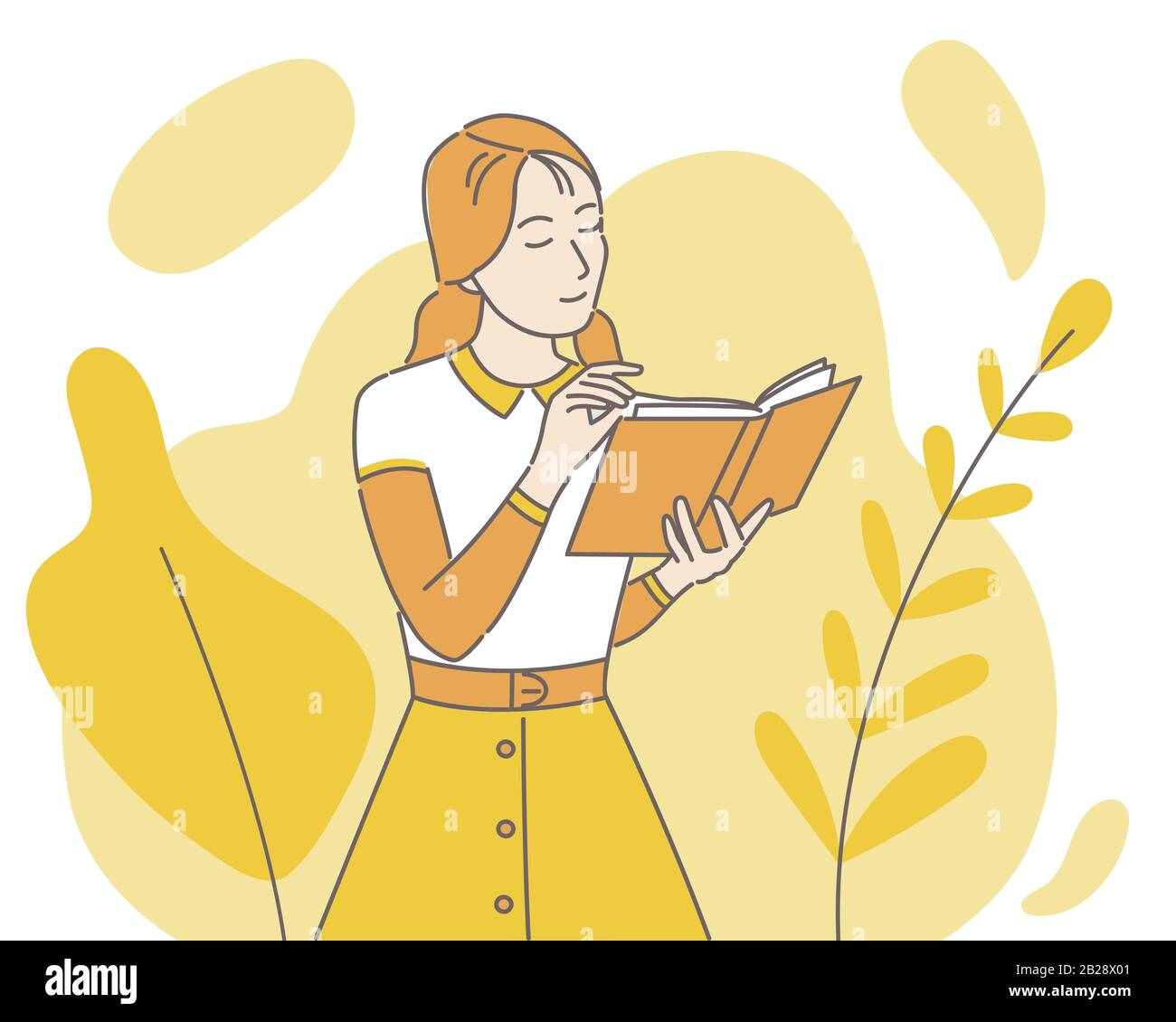 Girl reading orange paper book vector cartoon illustration. Intelligent ...