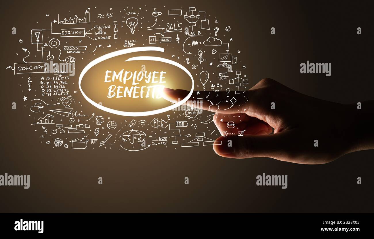 Hand touching EMPLOYEE BENEFITS inscription, hand drawn icons around ...