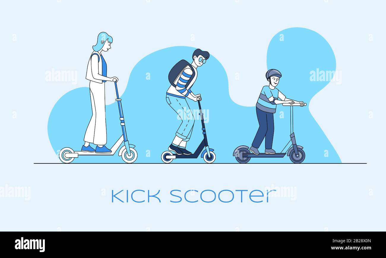 Kick scooter vector banner design with text space. Young woman, man ...
