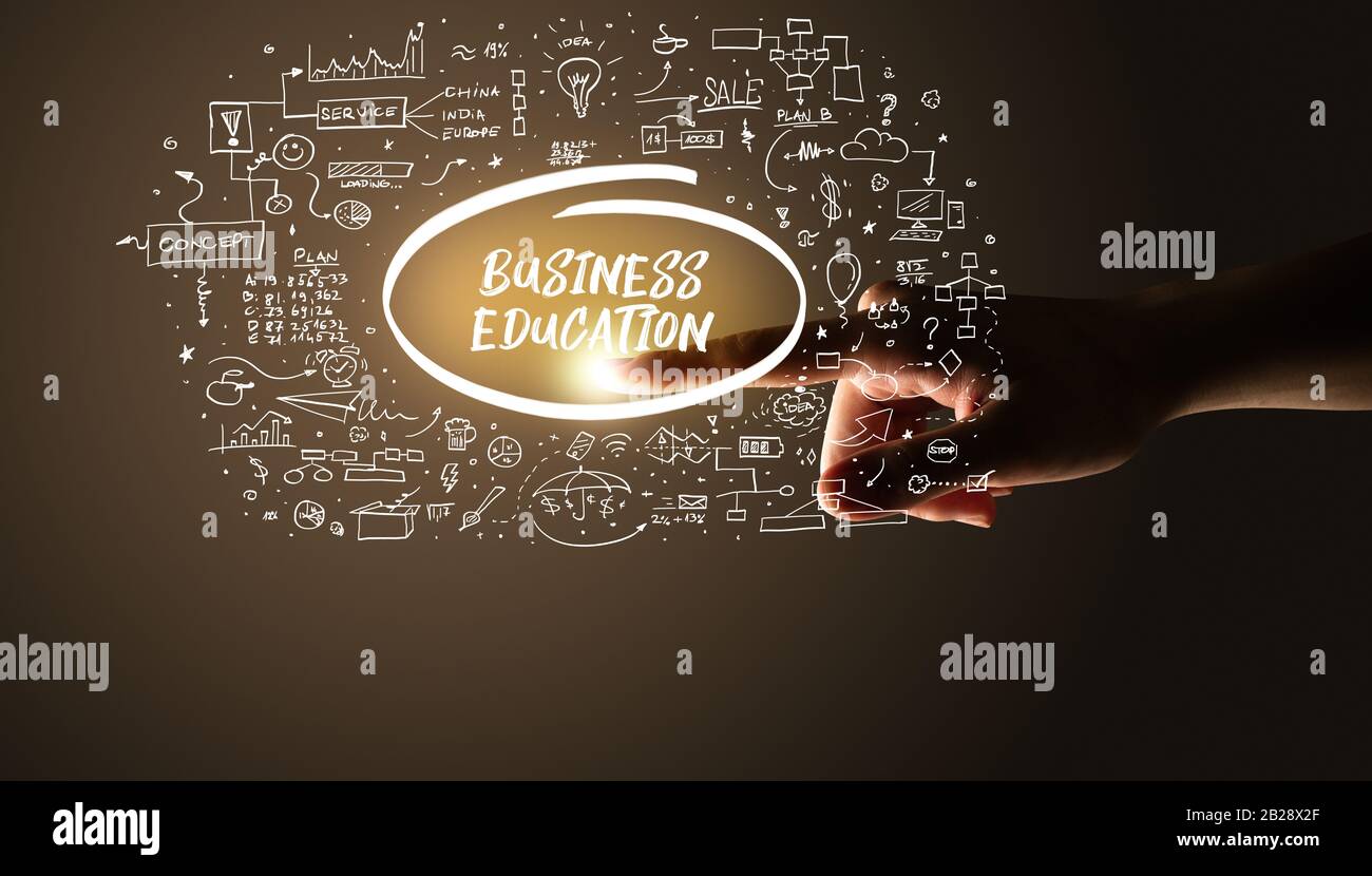 Hand touching BUSINESS EDUCATION inscription, hand drawn icons around ...