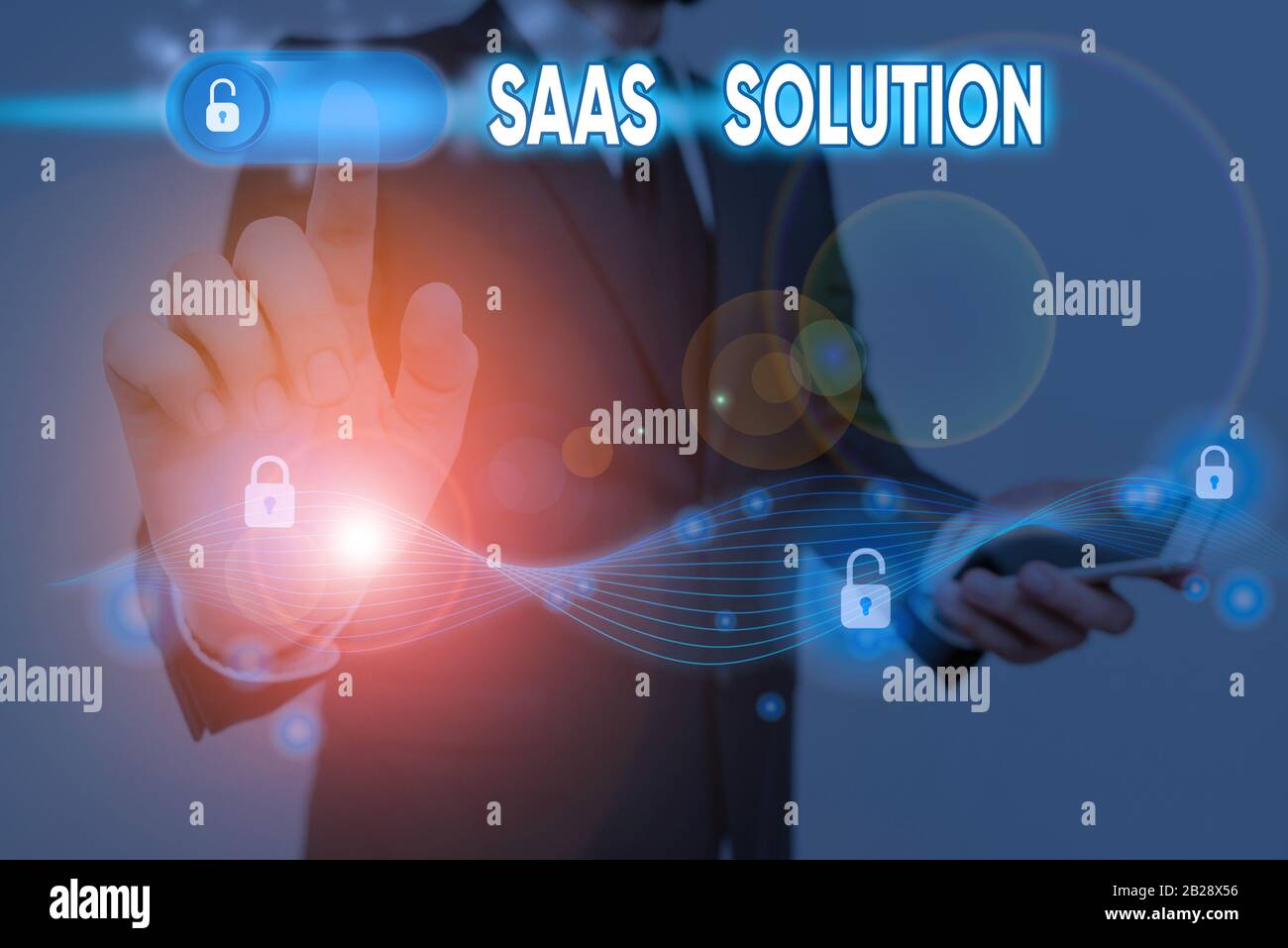 Conceptual hand writing showing Saas Solution. Concept meaning software delivery method that ...