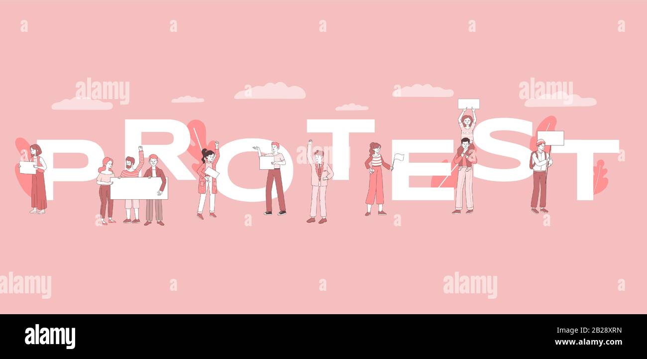 Protest word concept banner template. Young people holding empty ...