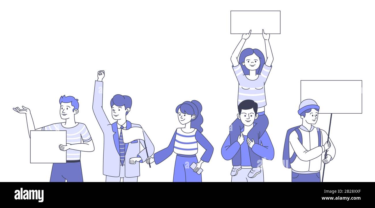 Group of young people with empty placards during a political meeting ...