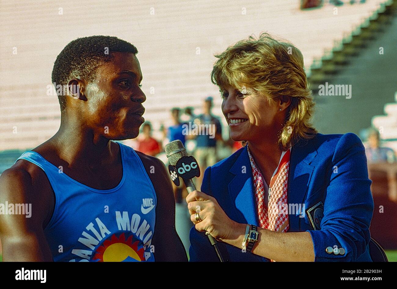 Donna Deverona of ABC TV interviews Carl Lewis at the 1984 US Olympic ...