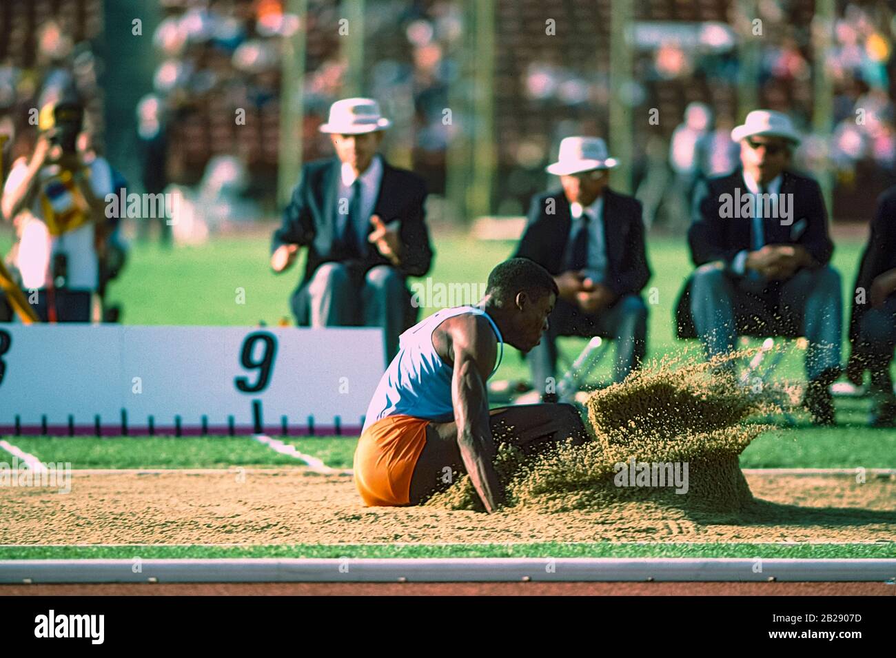Carl Lewis competing the long jump at the 1984 US Olympic Track and ...