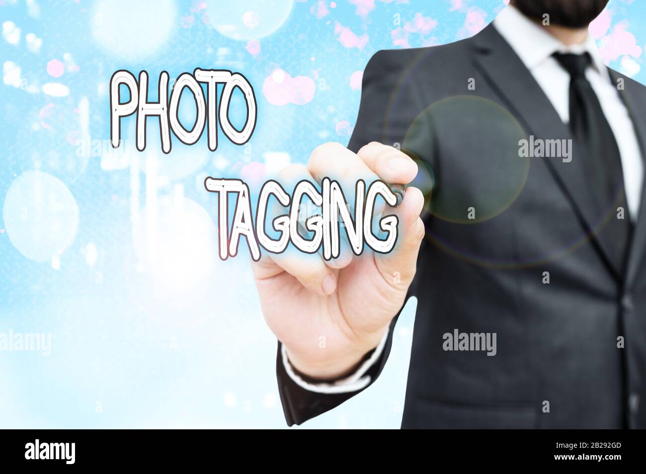 Text sign showing Photo Tagging. Business photo showcasing identify ...