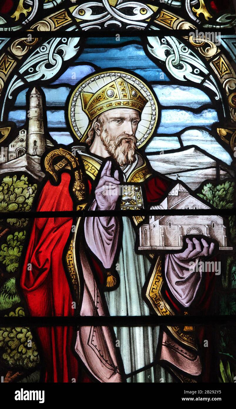 Saint Colman stained glass window in the oratory at Gougane Barra Stock ...