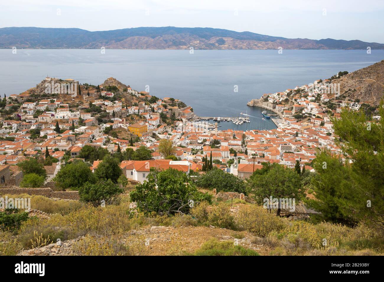 Scenic view above the town of Hydra port and harbor on the island of ...