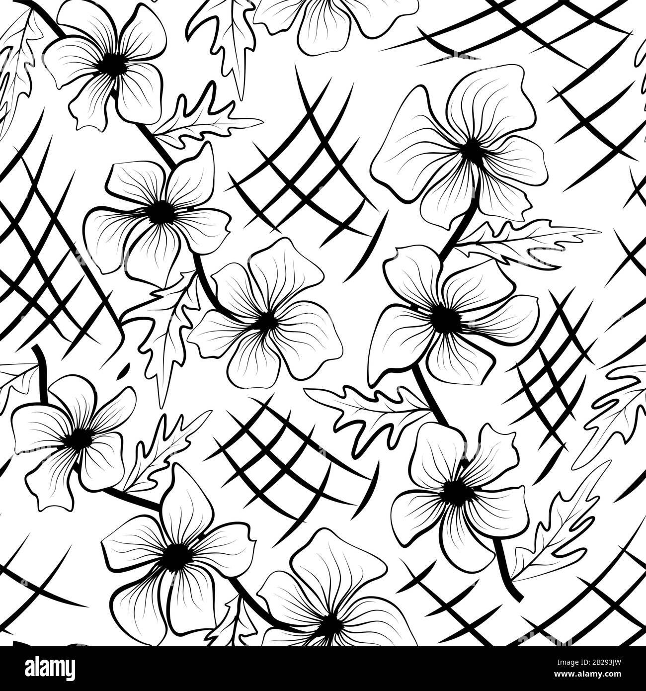Black outlines of flowers on white background. Floral texture repeat ...