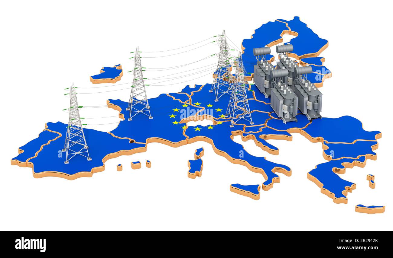 Electrical substations in European Union, 3D rendering isolated on ...