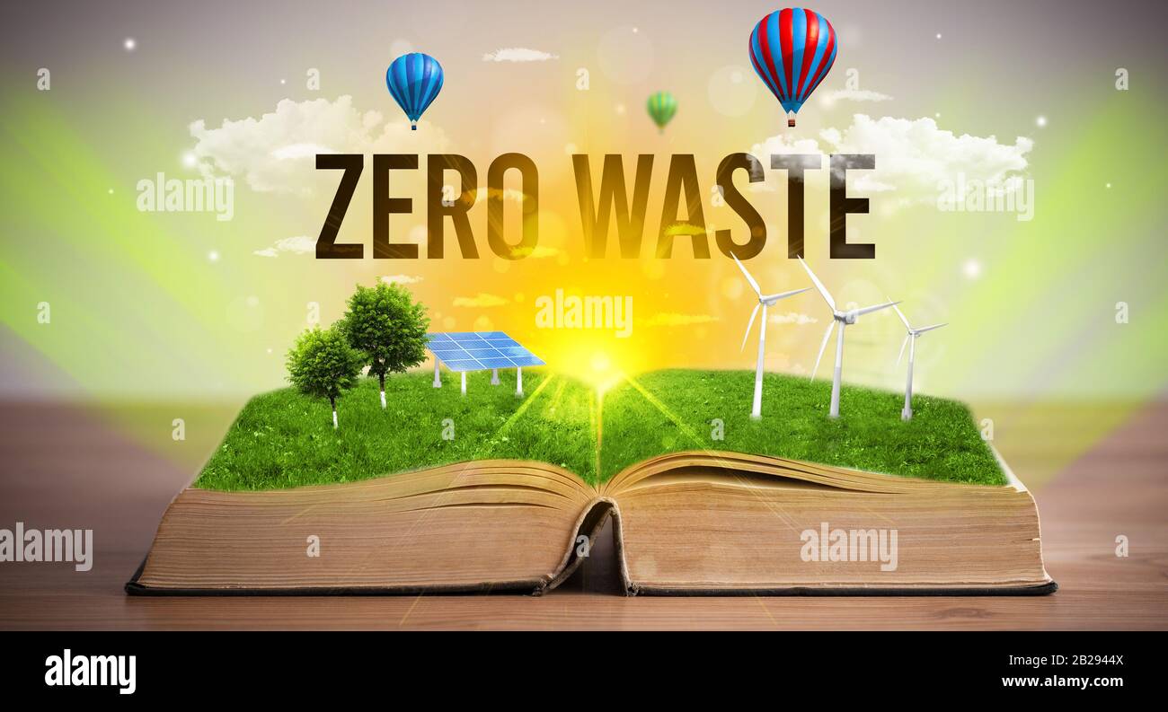 Open book with ZERO WASTE inscription, renewable energy concept Stock ...