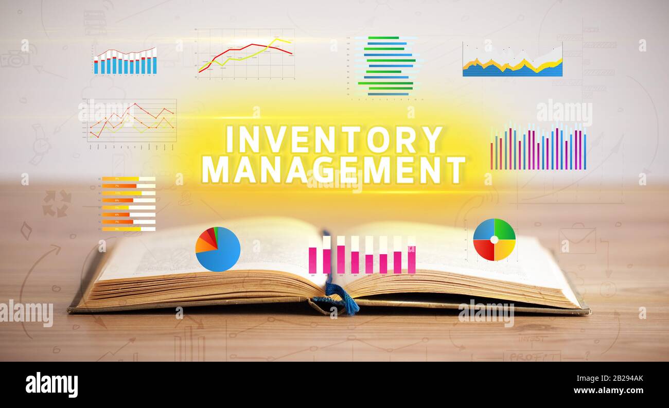 Open book with INVENTORY MANAGEMENT inscription, new business concept ...