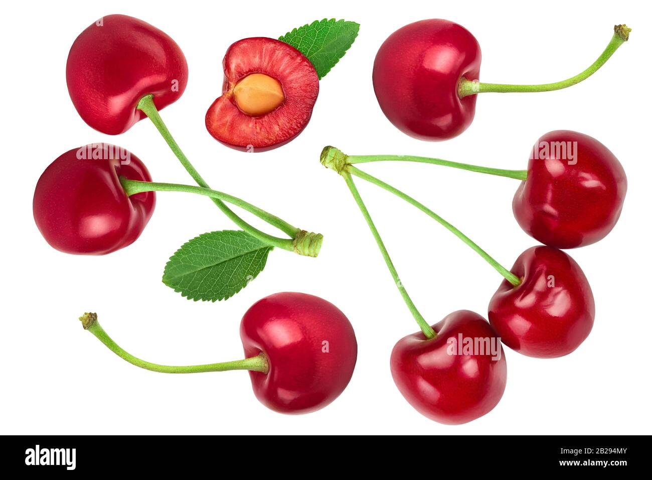 Three cherries with leaf closeup isolated on white background Stock ...