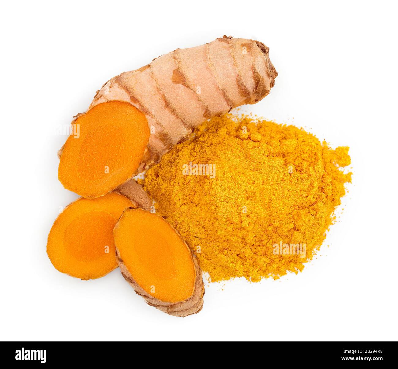 Turmeric powder and turmeric root isolated on white background. Top ...