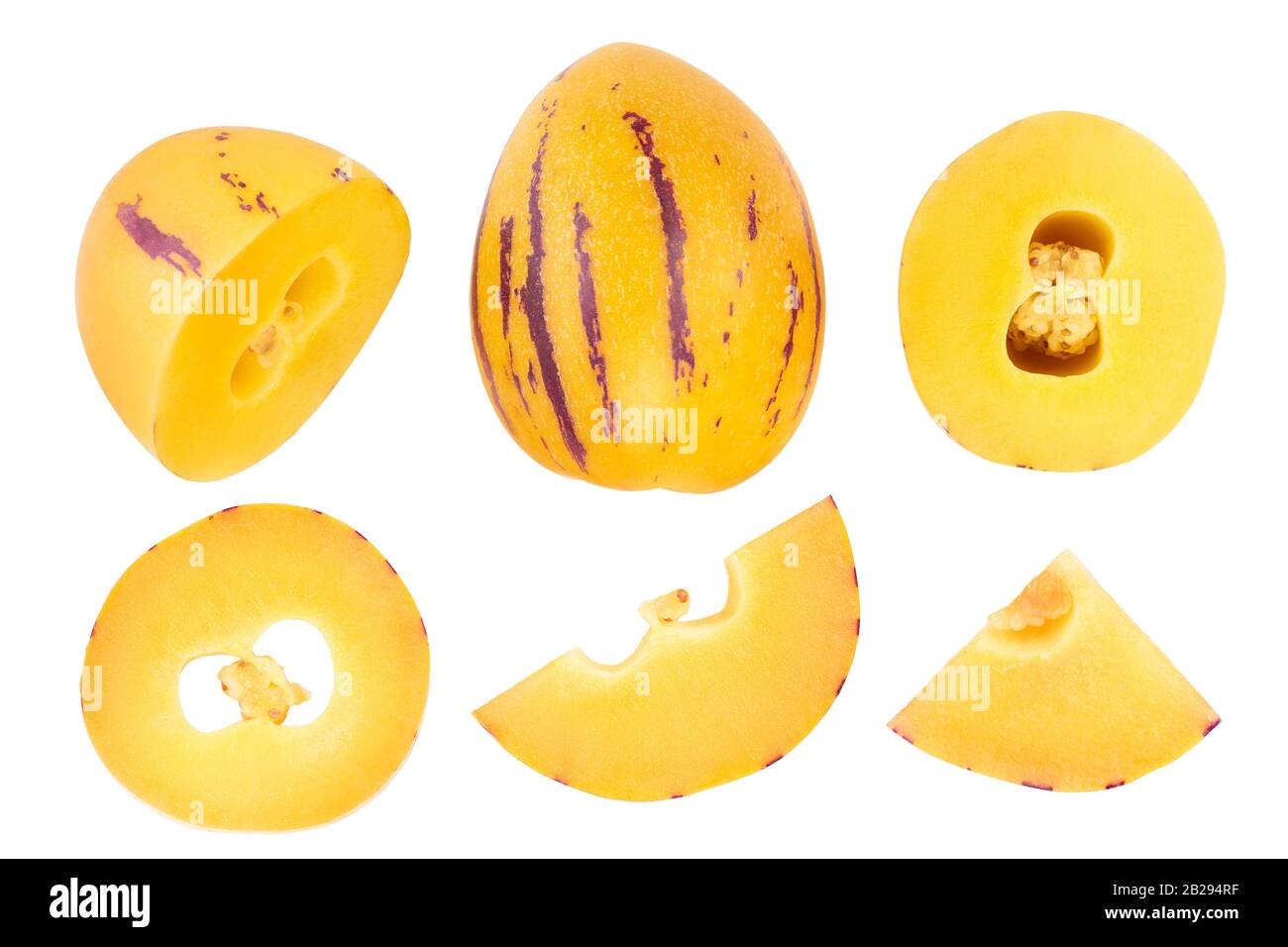 Fresh Pepino fruit isolated on white background. Top view, flat lay ...