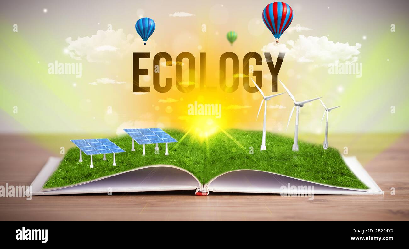 Open book with ECOLOGY inscription, renewable energy concept Stock ...